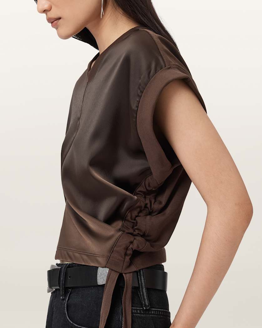 Mira Cropped Satin Drawcord T-Shirt TORTE BROWN | ALLSAINTS US